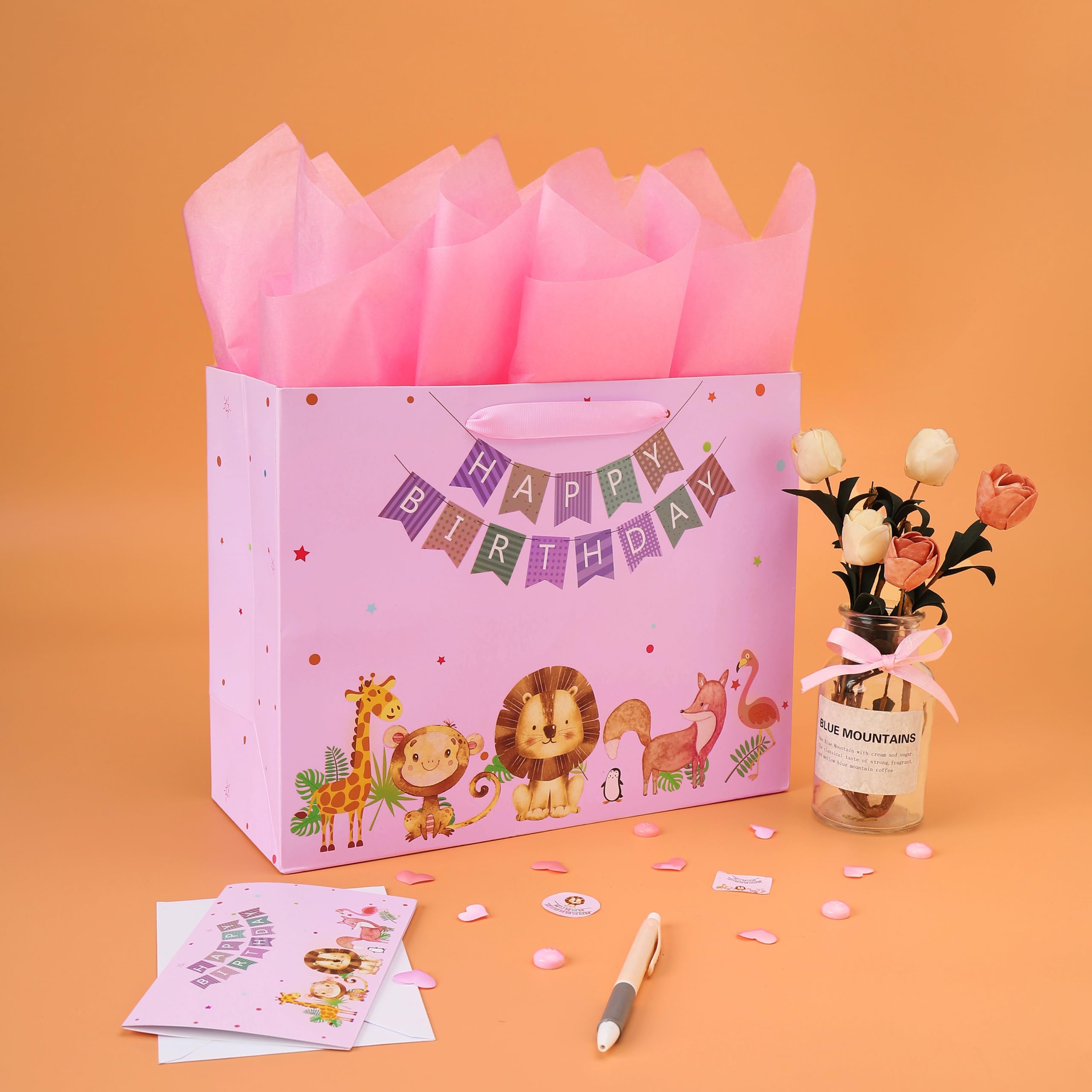 13" Large Pink Gift Bag Set with Greeting Card and Tissue Papers (Animal and Happy Birthday) for Girls', or Kids' Party, Baby Showers, Baby Girls, Newborn, New Moms or Parents- 13”x5.2”x10.2”, 1 Pcs