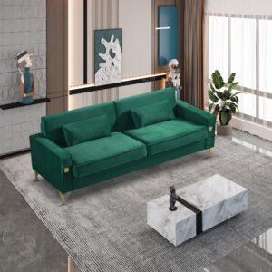 gefayluo 85.43" large velvet sofa couch, mid-century modern 3-4 seat couch with 2 pillows & gold legs for living room