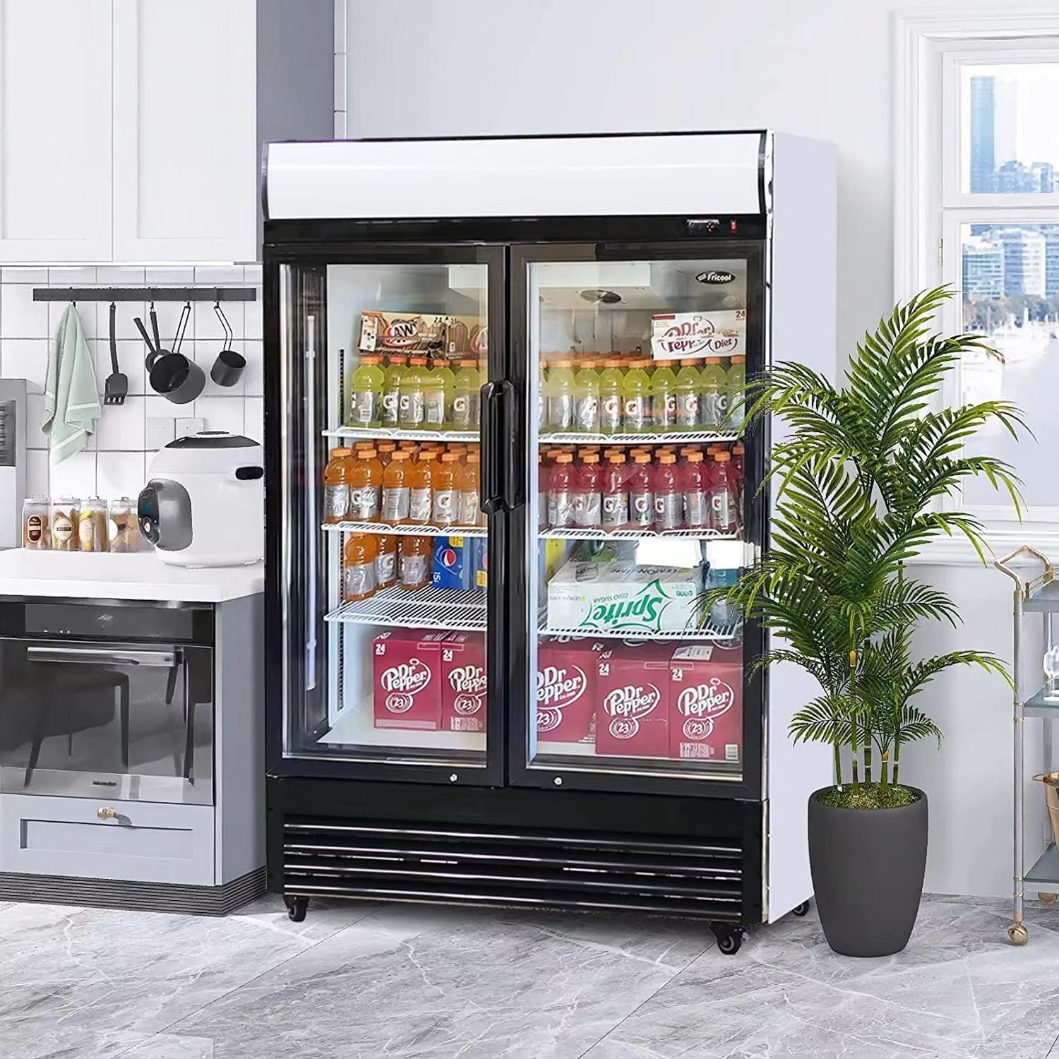 FRICOOL 51" Commercial Glass 2 Door Display Refrigerator Merchandiser - Upright Beverage Cooler With Led Lighting