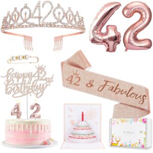 42nd birthday decorations for her women, including 42 year old birthday cake topper, birthday queen sash with pearl pin, sweet rhinestone tiara crown, number candles and balloons set, rose gold