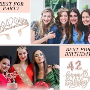 42nd Birthday Decorations for Her Women, Including 42 year old Birthday Cake Topper, Birthday Queen Sash with Pearl Pin, Sweet Rhinestone Tiara Crown, Number Candles and Balloons Set, Rose Gold