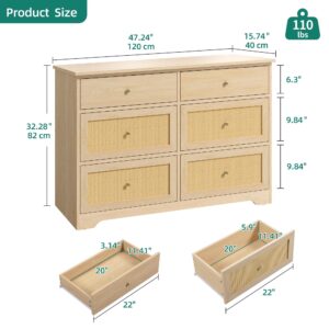 YITAHOME Rattan Dressers & Chests of Drawers，6 Drawer Modern Closet Dresser, Natural