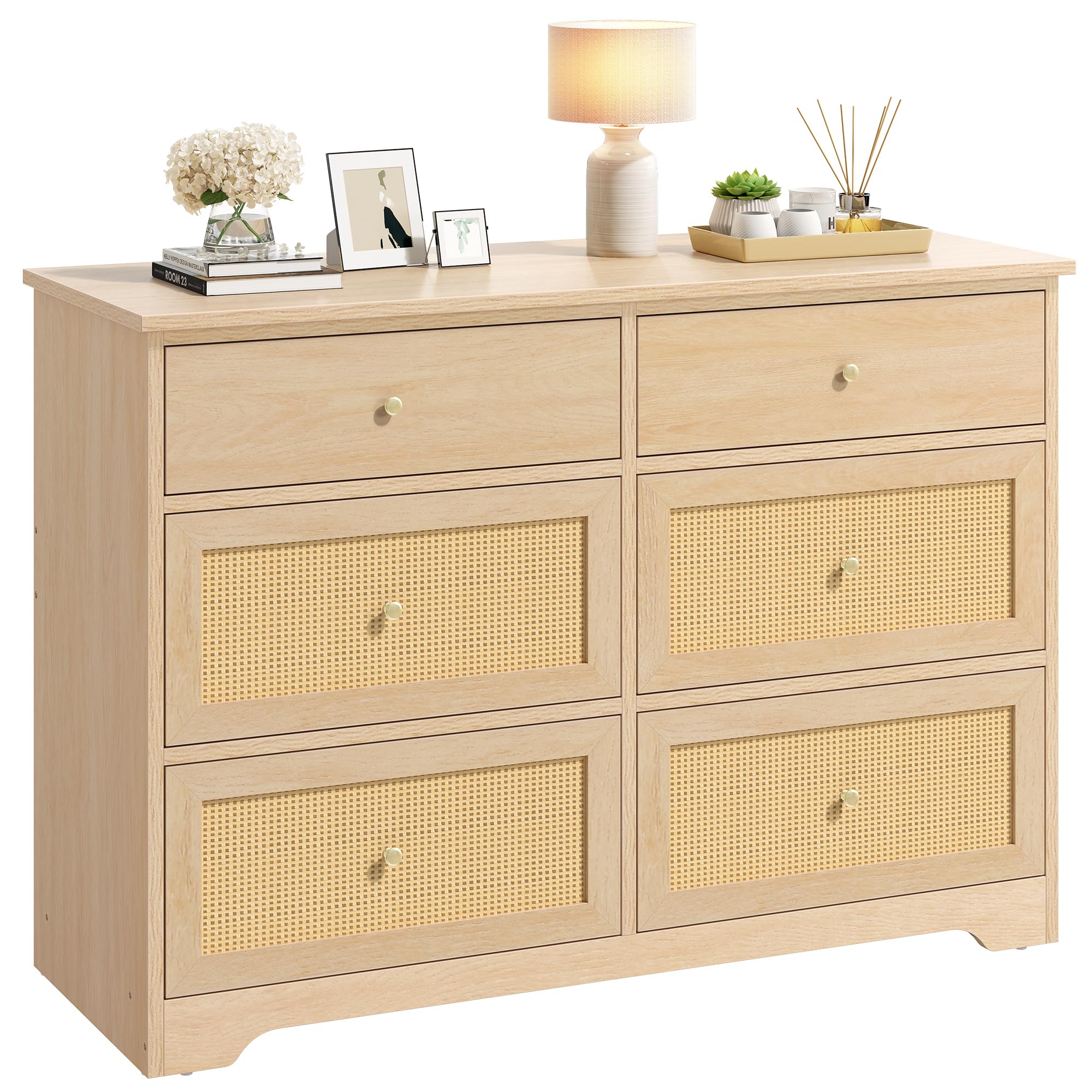 YITAHOME Rattan Dressers & Chests of Drawers，6 Drawer Modern Closet Dresser, Natural