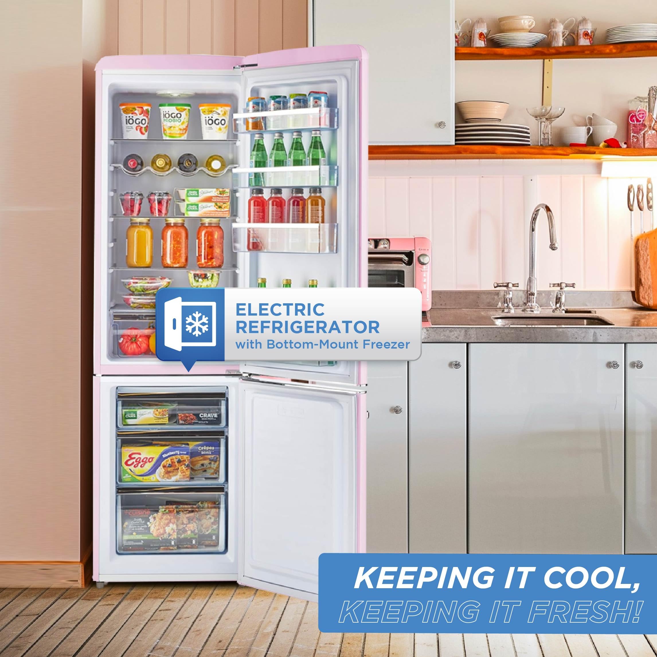 Unique Appliances UGP-275L BP AC Classic Retro Refrigerator 9 cu./ft. Electric Bottom-Mount Fridge, Metal, Sliding Non-Reversible Doors, Ideal for Fresh and Frozen Foods, Bubblegum Pink