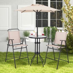 Giantex 4-Piece Outdoor Bar Set, Round High Top Bar Table with 2 Folding Counter Height Chairs & Umbrella, Patio Bistro Table Set with Tempered Glass Top for Garden Porch Poolside, Beige