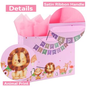 13" Large Pink Gift Bag Set with Greeting Card and Tissue Papers (Animal and Happy Birthday) for Girls', or Kids' Party, Baby Showers, Baby Girls, Newborn, New Moms or Parents- 13”x5.2”x10.2”, 1 Pcs