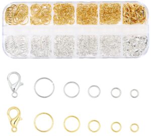 kopox 5 sizes silver and gold open jump rings, 500pcs o rings and lobster clasps, small and large jump rings for jewelry making and keychains