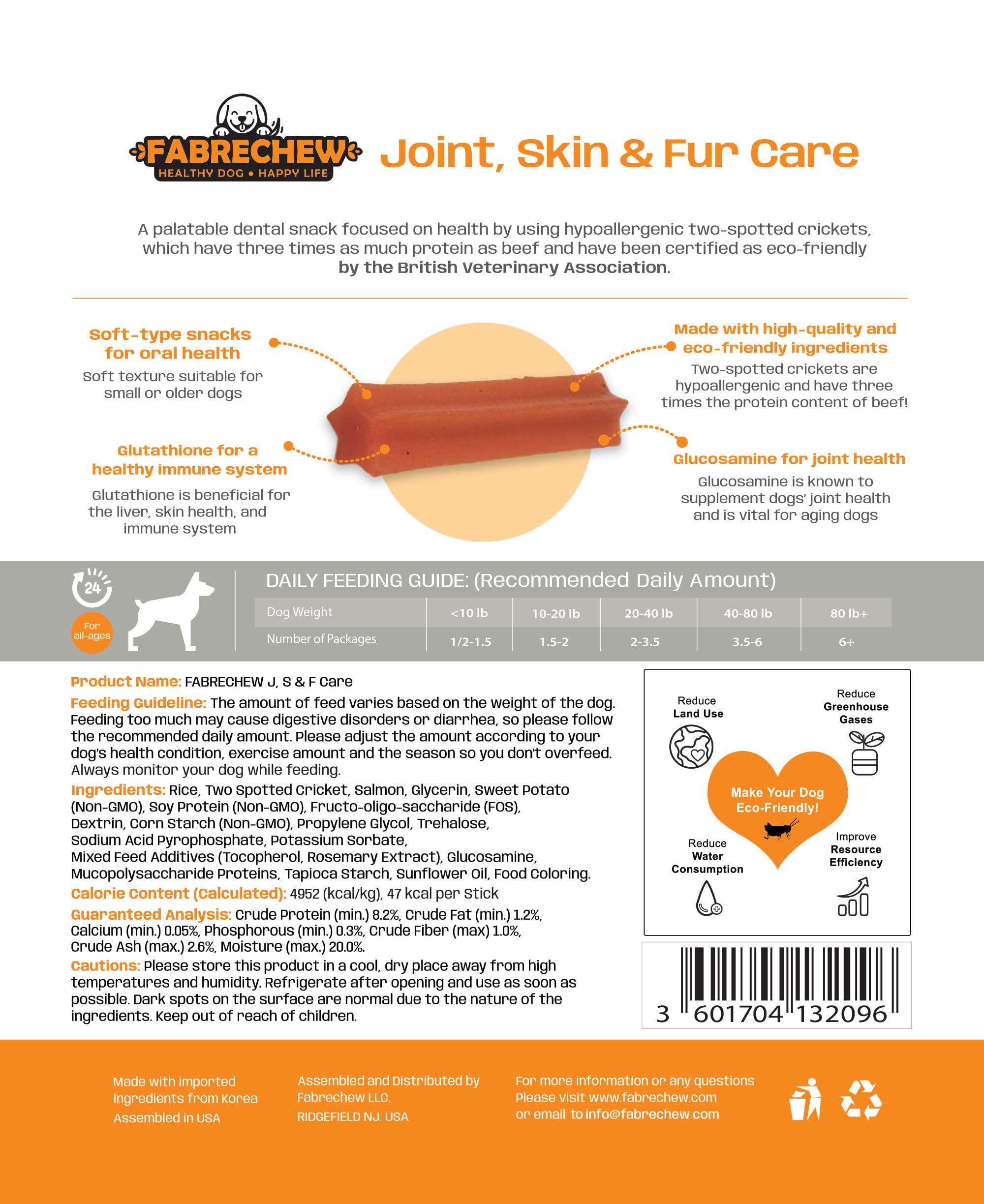 Fabrechew Orange Joint, Skin & Fur Care Dog Treats : High-Protein Dental Snacks with Cricket Protein, Hypoallergenic, Meat Free, Supports Joint Health & Promotes Skin and Coat, Soft Type (14 Pcs)