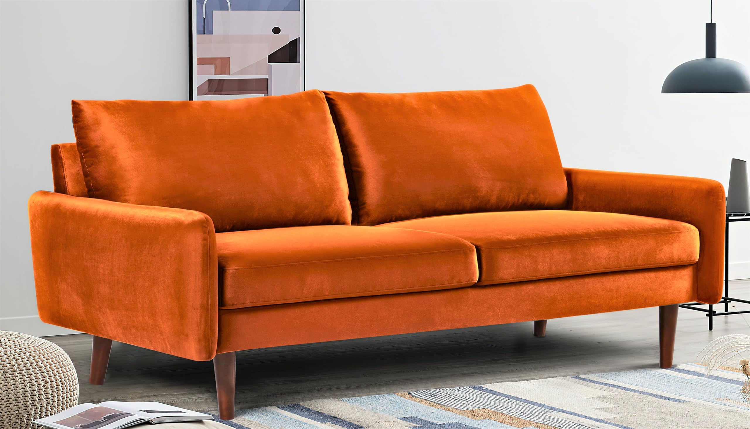 US Pride Furniture Kent Modern Velvet Sofa, Comfortable 3 Seater Couch for Living Rooms and Small Spaces, Ideal Studio Apartment Furniture with Sleek Design, Orange