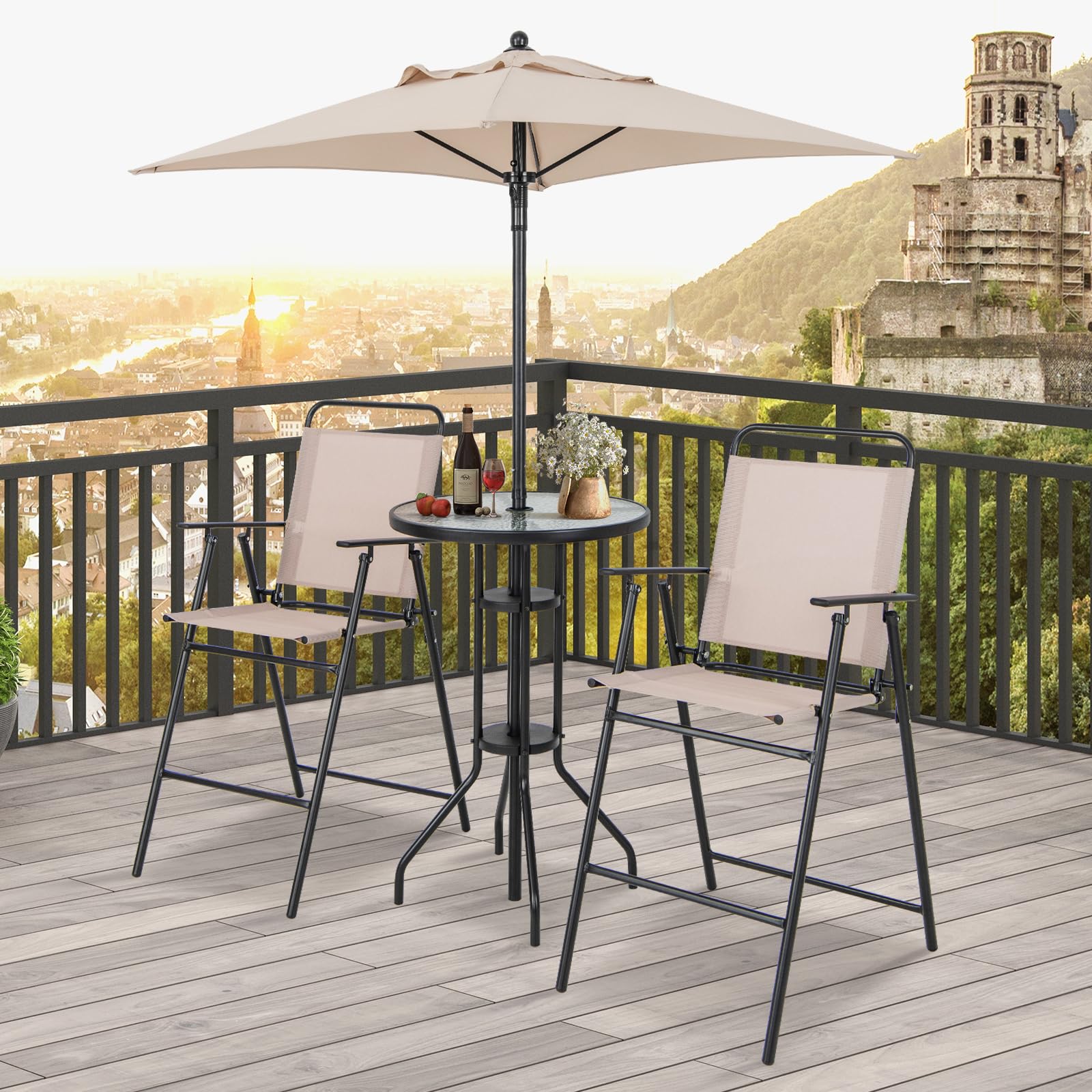 Giantex 4-Piece Outdoor Bar Set, Round High Top Bar Table with 2 Folding Counter Height Chairs & Umbrella, Patio Bistro Table Set with Tempered Glass Top for Garden Porch Poolside, Beige