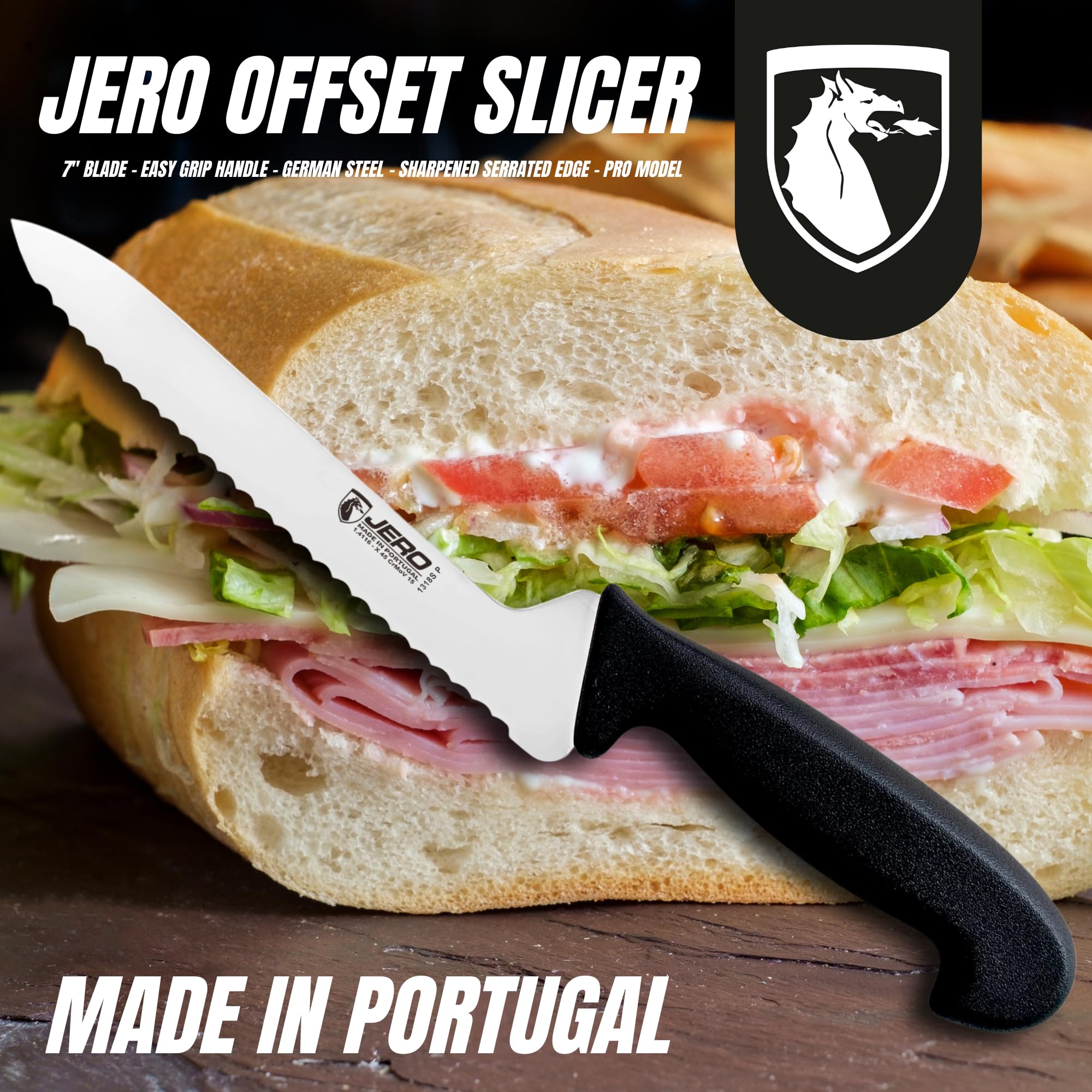 Jero 7 Inch Offset Serrated Slicing Knife - High-Carbon Stainless Steel Sharp Serrated Blade - For Bread, Sandwiches, Smoked Meats, Vegetables - Made In Portugal