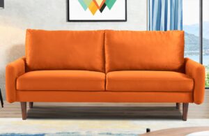 us pride furniture kent modern velvet sofa, comfortable 3 seater couch for living rooms and small spaces, ideal studio apartment furniture with sleek design, orange