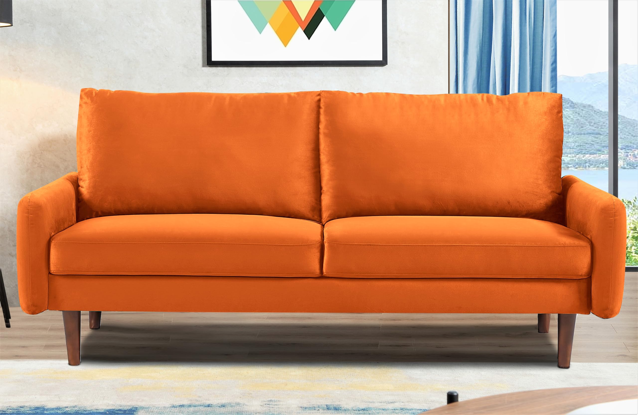 US Pride Furniture Kent Modern Velvet Sofa, Comfortable 3 Seater Couch for Living Rooms and Small Spaces, Ideal Studio Apartment Furniture with Sleek Design, Orange