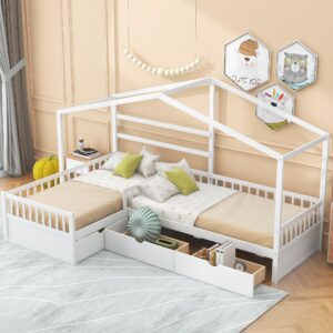 meritline l shaped twin bed for 2 kids, twin size house platform bed with 3 storage drawers, wood double twin beds with fence and roof, corner twin bed for kids, teens, boys & girls (white)