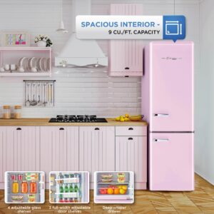 Unique Appliances UGP-275L BP AC Classic Retro Refrigerator 9 cu./ft. Electric Bottom-Mount Fridge, Metal, Sliding Non-Reversible Doors, Ideal for Fresh and Frozen Foods, Bubblegum Pink