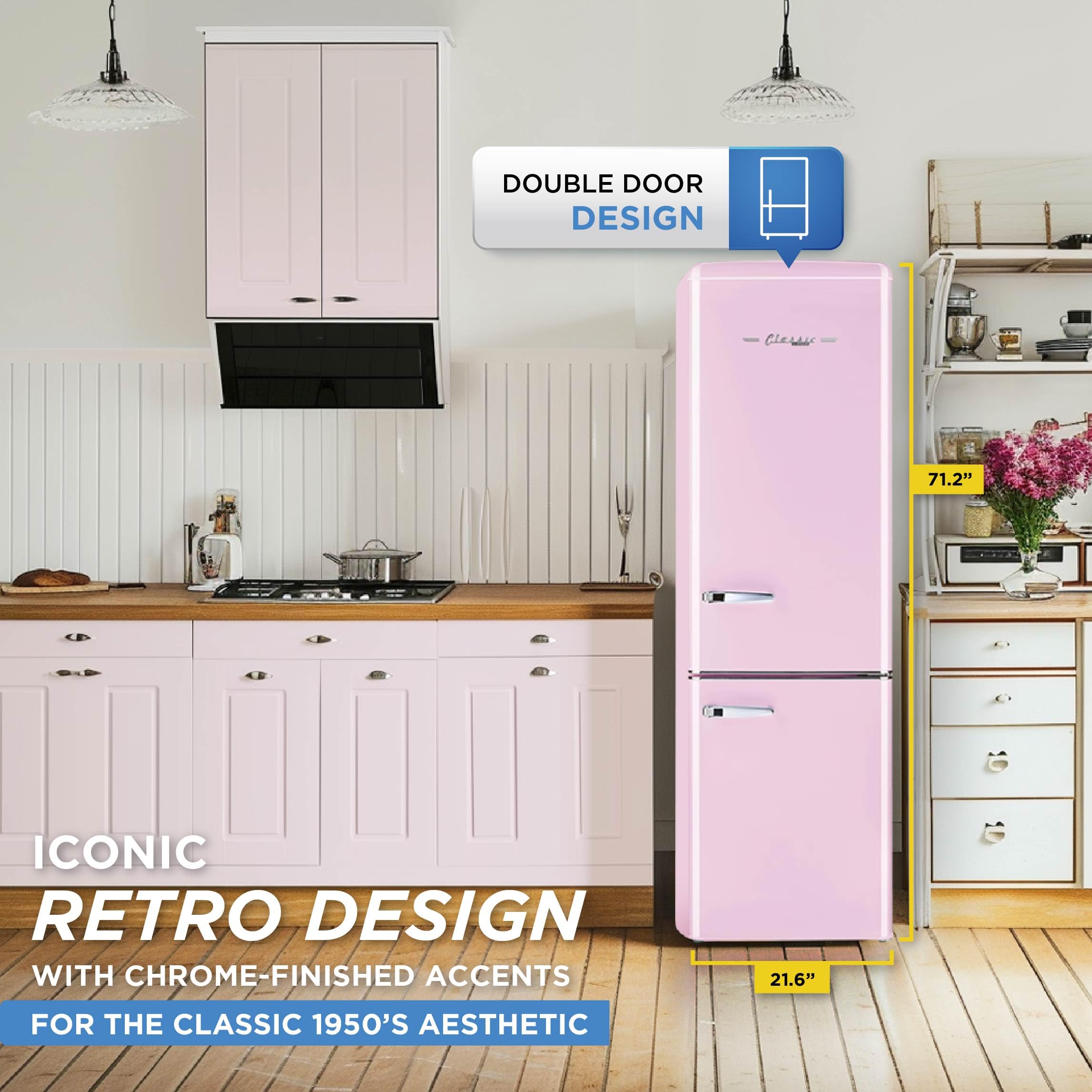 Unique Appliances UGP-275L BP AC Classic Retro Refrigerator 9 cu./ft. Electric Bottom-Mount Fridge, Metal, Sliding Non-Reversible Doors, Ideal for Fresh and Frozen Foods, Bubblegum Pink