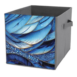 meikko blue feathers glitter storage cubes,fabric collapsible storage bins with dual handles, foldable cube baskets for shelf,closet organizers and storage box