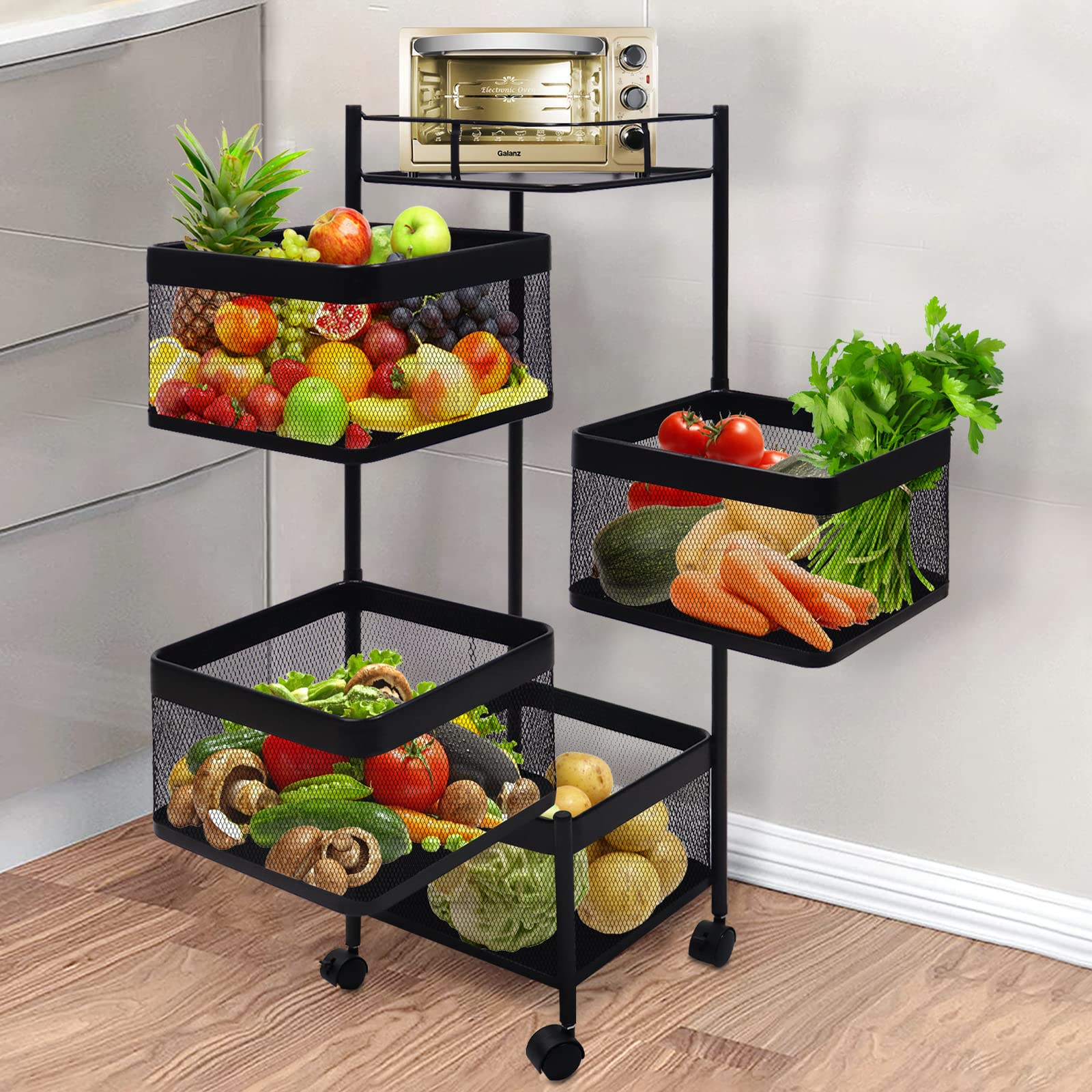 4 Tier 360 Degree Rotating Metal Vegatable Storage Rack w/Swing Out Shelves