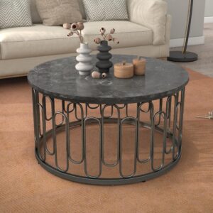 Furniture of America Davis Modern Round Coffee Table with Marble Top & Sturdy Metal Legs & Open Shelf for Living Room, Apartment, Small Space, Black