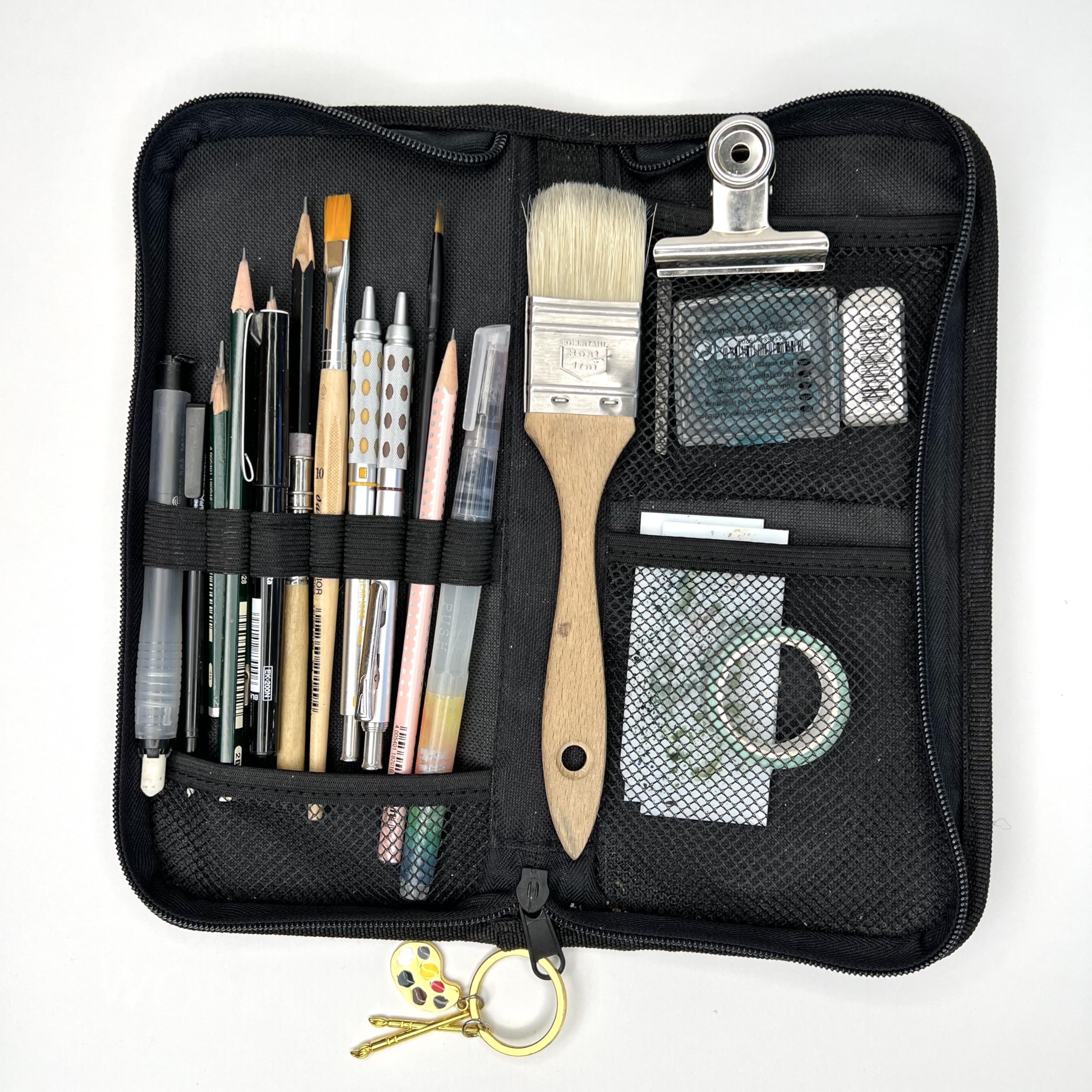 Kristine Art Paint Brush Holder from Black Canva 10.4" X 4.7" X 1.2" Thick with Slots for Paint Brushes and Two Pockets for Art Materials. Well Organized Travel Paint Brush Case for Any Artist