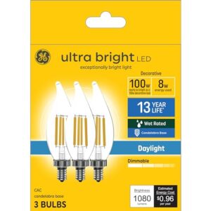 ge ultra bright led light bulbs, 100w, daylight candle lights, clear decorative ca12 light bulbs, candelabara base (3 pack)