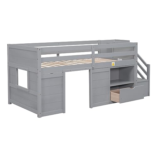 Low Loft Bed with Stairs, Twin Size Storage Loft Bed Frame with Drawers and Shelves, Kids Wooden Loft Bed with Steps for Boys Girls Teens, Gray