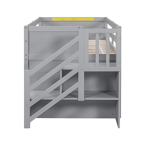 Low Loft Bed with Stairs, Twin Size Storage Loft Bed Frame with Drawers and Shelves, Kids Wooden Loft Bed with Steps for Boys Girls Teens, Gray