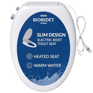 bio bidet 7zbb500e bb500 low profile electric bidet toilet warm water, heated seat and set of 6 drying towelettes, elongated, white