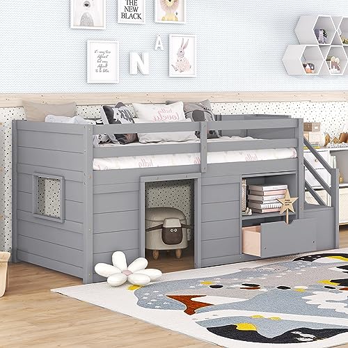 Low Loft Bed with Stairs, Twin Size Storage Loft Bed Frame with Drawers and Shelves, Kids Wooden Loft Bed with Steps for Boys Girls Teens, Gray