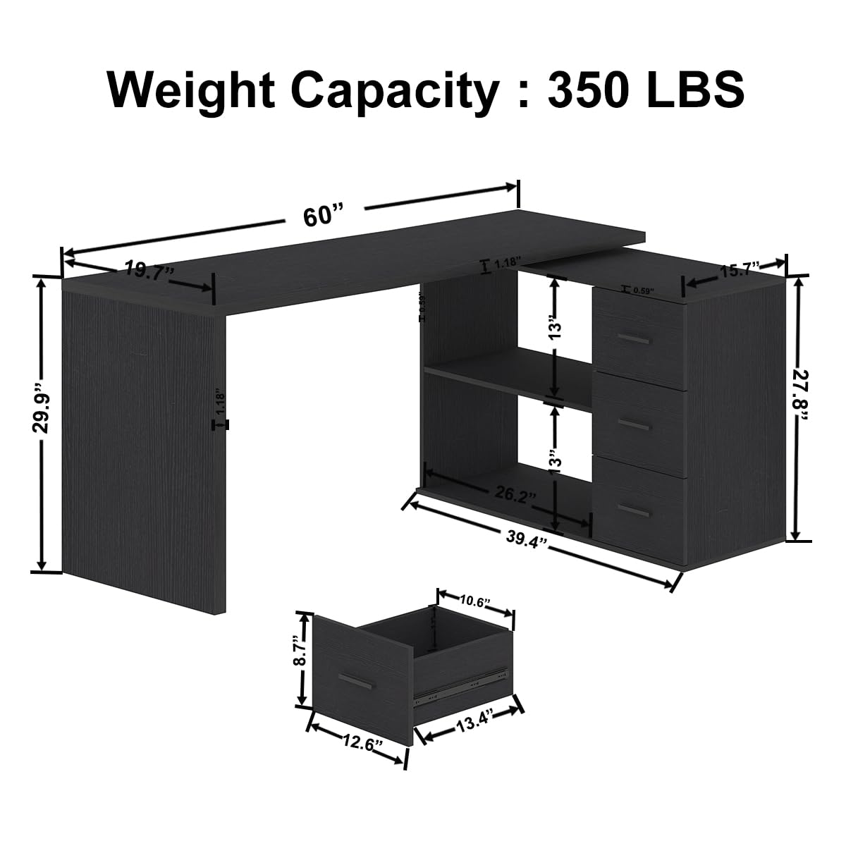 HSH Black L Desk with Drawers Shelves, Large Reversible L Shaped Desk with Storage Cabinet, Corner Home Office Computer Desk Workstation for Executive Writing Study, Bedroom Living Room Table, 60 Inch