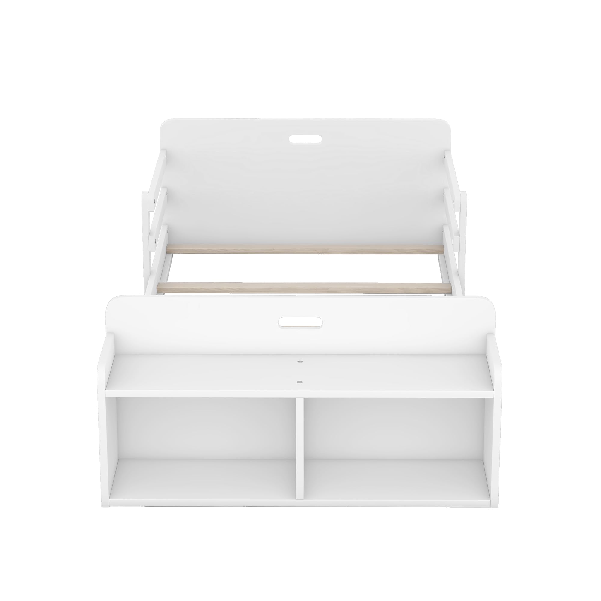 Harper & Bright Designs Twin Size Floor Bed with Storage Footboard and Guardrail, Montessori Floor Bed Twin Bed Frame for Kids, Wood Platform Bed with Headboard, White