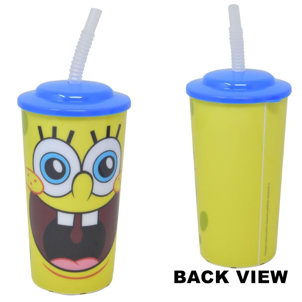 Spongebob Squarepants Kids 16 Oz Reusable Cups - Spongebob Party Favor 6 Piece Bundle with 16 Oz Cup with Lid and Straw Plus Stickers for Boys, Girls | Spongebob Tumbler with Straw