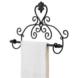 mygift 12 inch wall mounted matte black metal towel holder bar with vintage baroque scrollwork design, decorative rail for hanging bathroom hand towels or entryway scarves