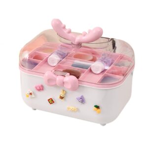 girls hair accessories storage box, cute hair accessories organizer, jewelry box with upper and lower layers, deer horn handle, bow switch girls multipurpose organizer and portable storage box (pink)