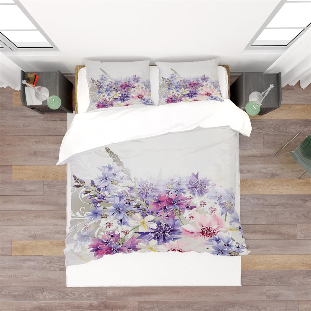 Purple Themed Flower Duvet Cover Set, Vibrant Blooming Bouquet Printed Duvet Cover ,Comfortable And Lightweight 3-piece Bedroom Pillowcase Home Decoration (1 Duvet Cover+2 Pillowcases)-Flower1-King