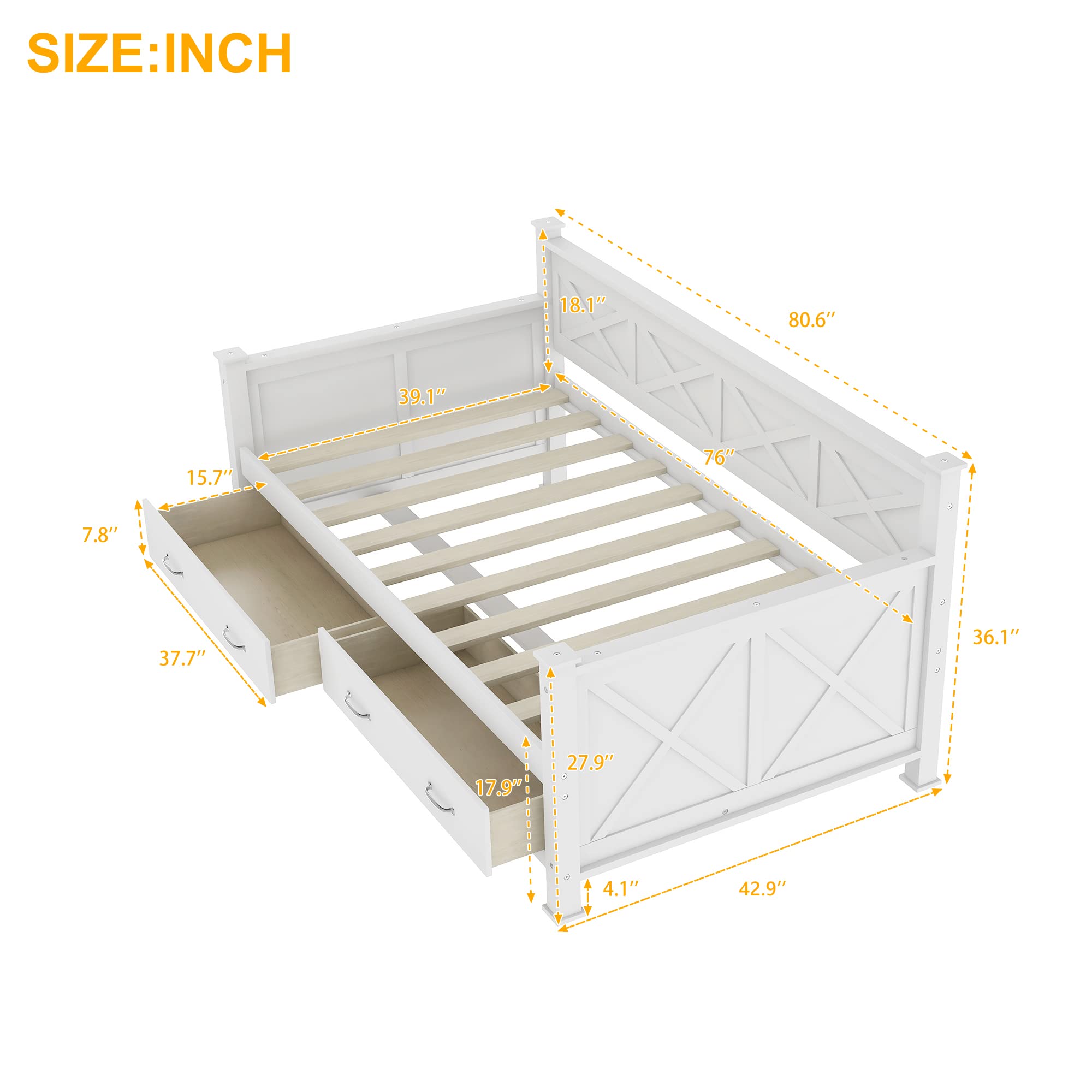 Harper & Bright Designs Twin Size Daybed with 2 Storage Drawers, Wood Twin Sofa Bed X-Shaped Frame, Modern Daybed Frame with Slat Support, Twin Size Bed for Bedroom Living Room (Twin, Cream White)