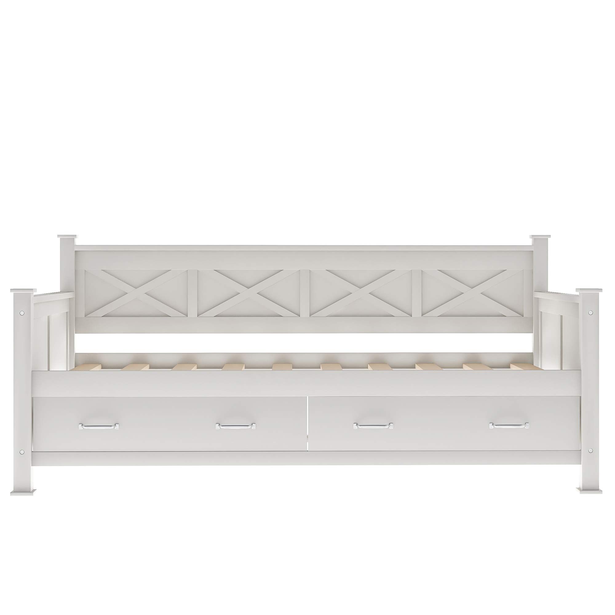 Harper & Bright Designs Twin Size Daybed with 2 Storage Drawers, Wood Twin Sofa Bed X-Shaped Frame, Modern Daybed Frame with Slat Support, Twin Size Bed for Bedroom Living Room (Twin, Cream White)