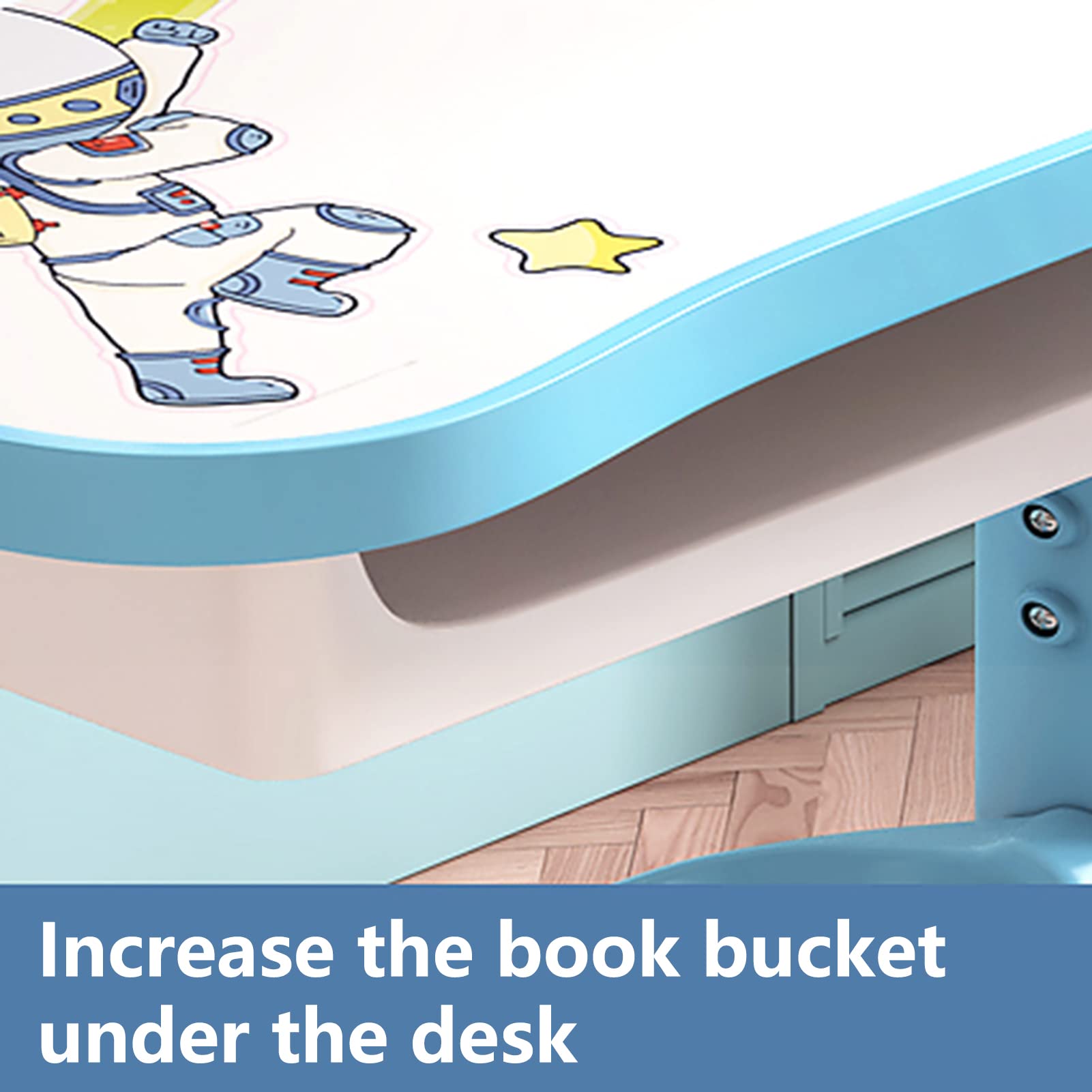 HEVIRGO Children's Learning Desk and Chair Set Learning Desk Height Adjustable with Drawer Wide Desktop Cartoon Pattern Table and Chair Set Suitable for Reading, Learning, Writing, Painting, Etc Blue