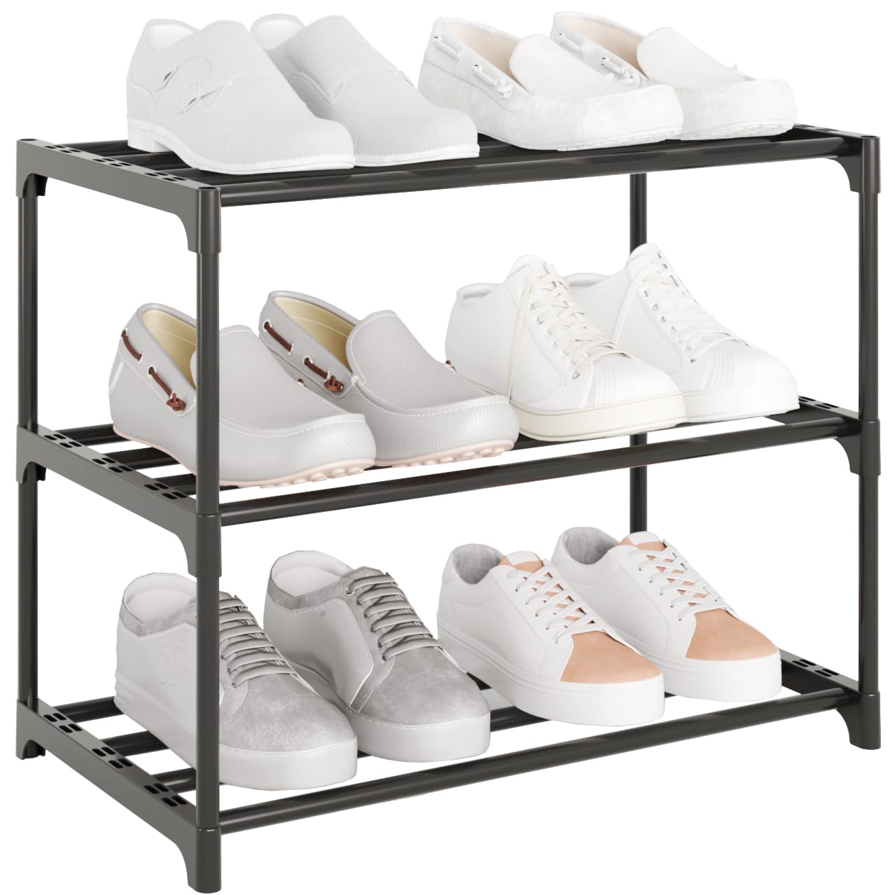 Yegazte Small Metal Shoe Rack,Stackable Shoe Shelf Storage Organizer for Entryway, Hallway and Closet(3-Tier,Black)