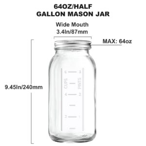 Xylanor 64 OZ Wide Mouth Mason Jars with Lids, Heavy Duty Glass Airtight Storage Canning Jar and Band Half Gallon / 2 Quart, Set of 3