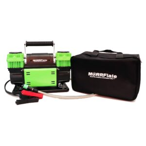 morrflate tensix 10.6 cfm 150 psi portable 12v off-road dual cylinder air compressor with 4ft stainless steel hose includes carrying bag and elastic nylon gloves