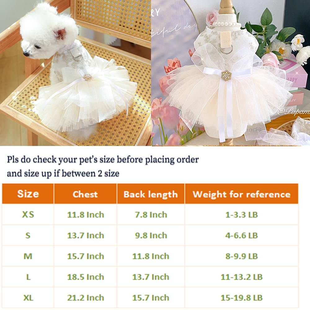 ANIAC Embroidered Dog Dress for Small Dog,Girl Puppy Princess Tutu Dress with Leash Ring,Cat Apparel,Chihuahua Yorkie Clothes for Birthday Wedding (X-Large, Champagne)