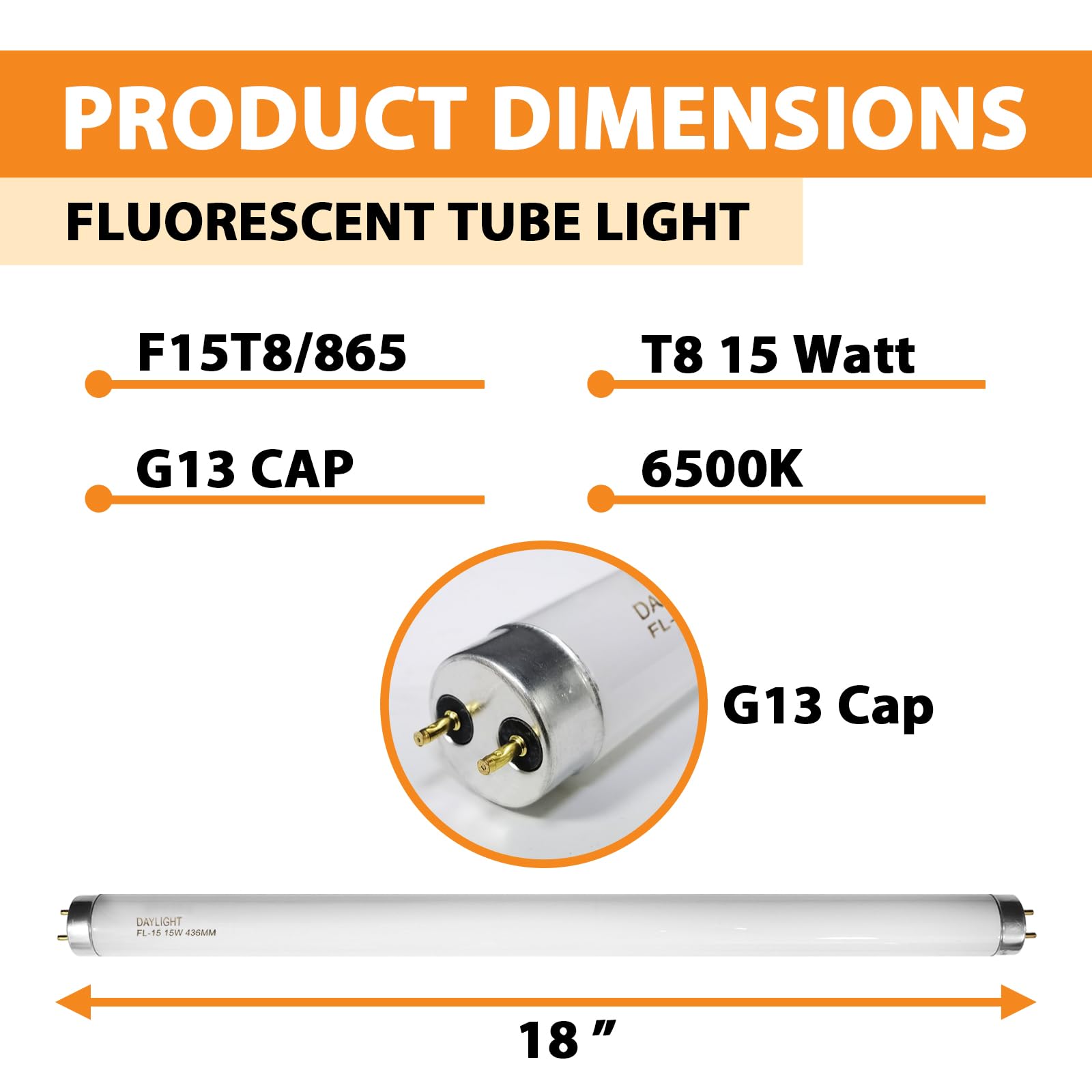 F15T8/DL 18 Inches T8 15 Watt Fluorescent Tube Compatible for Sylvania GE Eiko F15/T8/D Daylight 6500K G13 Bi-Pin Base 6 Count