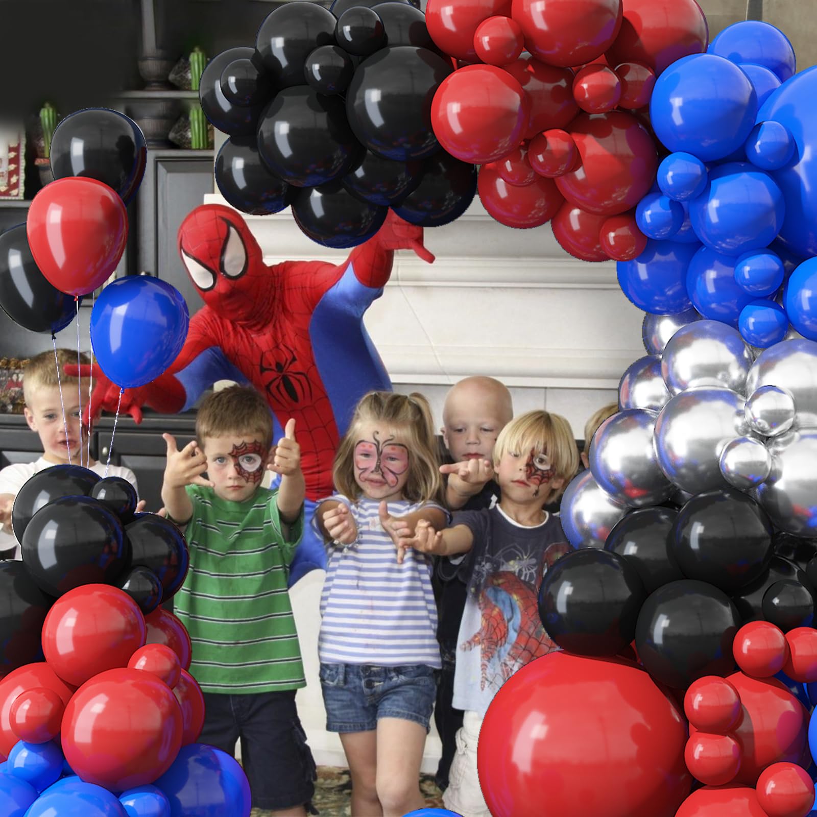 Red Blue Black Balloon Arch Kit, Royal Blue Red Black Garland Kit with Metallic Silver Latex Balloon for Spiderman Theme Party Boys Kids Birthday Baby Shower Graduation Baseball Party Decorations