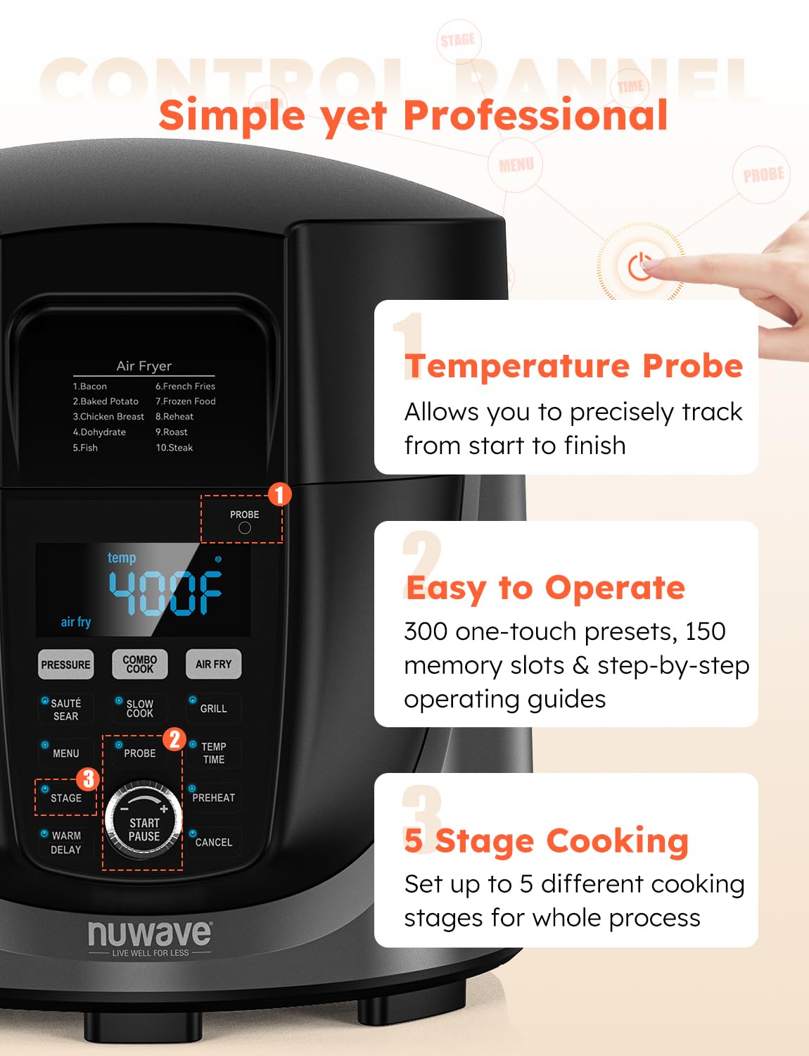 Nuwave Duet Electric Pressure Cooker & Air Fryer Combo, 450 IN 1 Slow Cooker & Grill with Integrated Digital Temp Probe, 6qt SS Pot, Adjustable High/Low Pressure, Built-in Sure-Lock Safety Tech