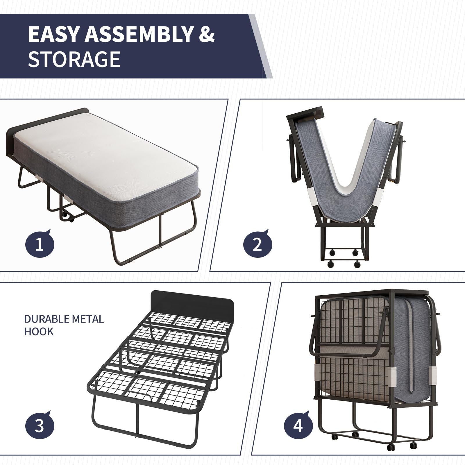 ijuicy Folding Bed,75" x 31" Rollaway Bed with 5”Thickness Mattress for Adults,High Rebound Foam Filling,Folding Bed with Storage Cover,Steel Frame with 4 Movable and Lockable Wheels