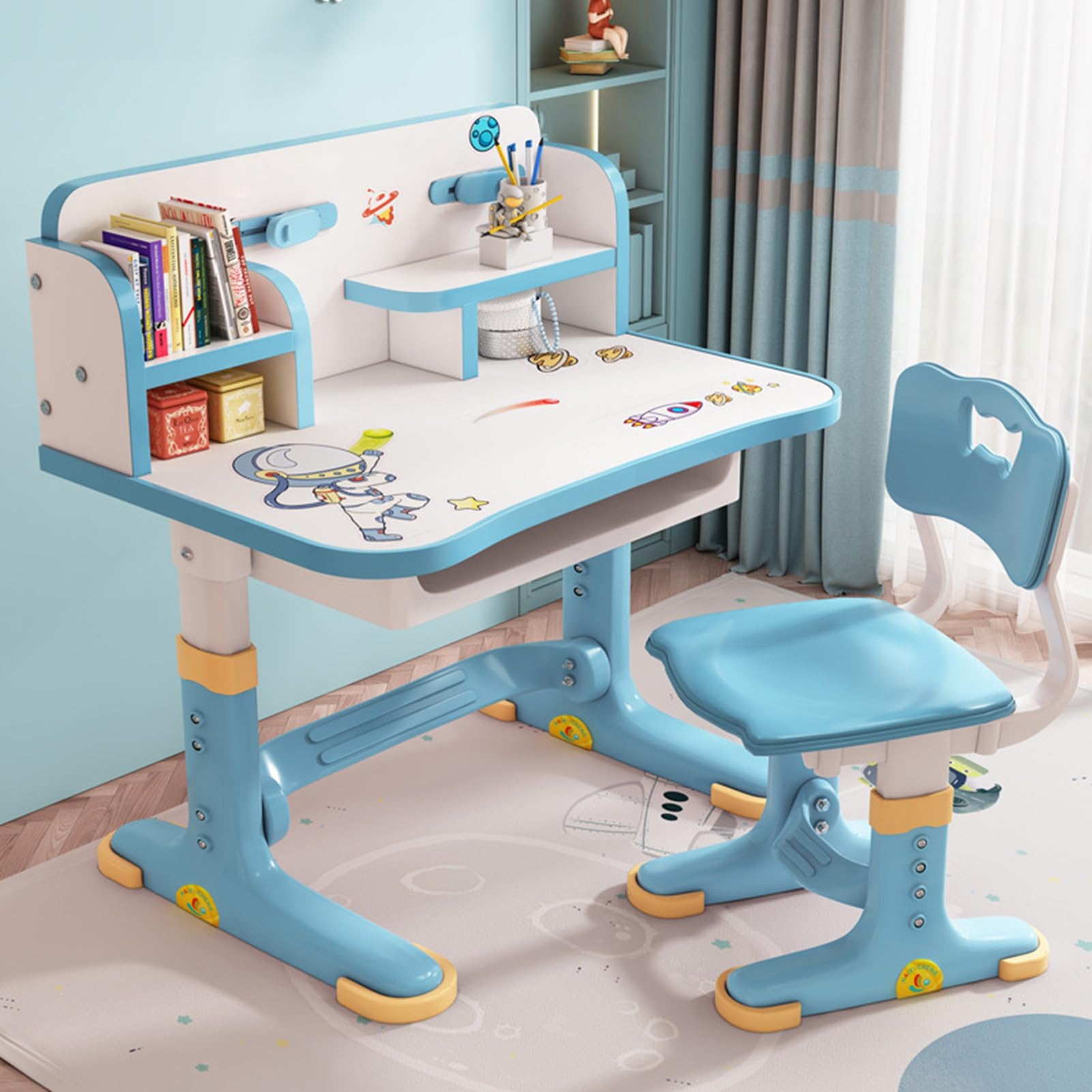 HEVIRGO Children's Learning Desk and Chair Set Learning Desk Height Adjustable with Drawer Wide Desktop Cartoon Pattern Table and Chair Set Suitable for Reading, Learning, Writing, Painting, Etc Blue