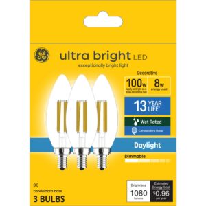 ge ultra bright led light bulbs, 100w, daylight candle lights, clear decorative b12 light bulbs (3 pack)