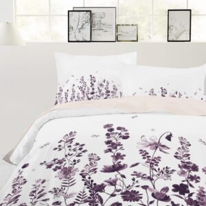 Purpel Floral Duvet Cover Cal. King Size, Pastoral Spring Botanical Dragonfly Summer Flower Comforter Cover with Zipper Closure, 3 Piece Bedding Sets 1 Duvet Cover 90x106 Inches and 2 Pillow Shams