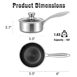 AuFranc™ Hybrid Nonstick 1 Quart Stainless Steel Saucepan with Glass Lid, Induction Sauce Pan with Honeycomb Carving, Non-stick Sauce Pot Compatible with All Cooktops, Dishwasher Safe, Non-Toxic